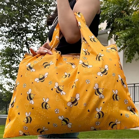 Bags | Yellow Bumble Bee Print Reusable Folding Shopping Bag | Poshmark